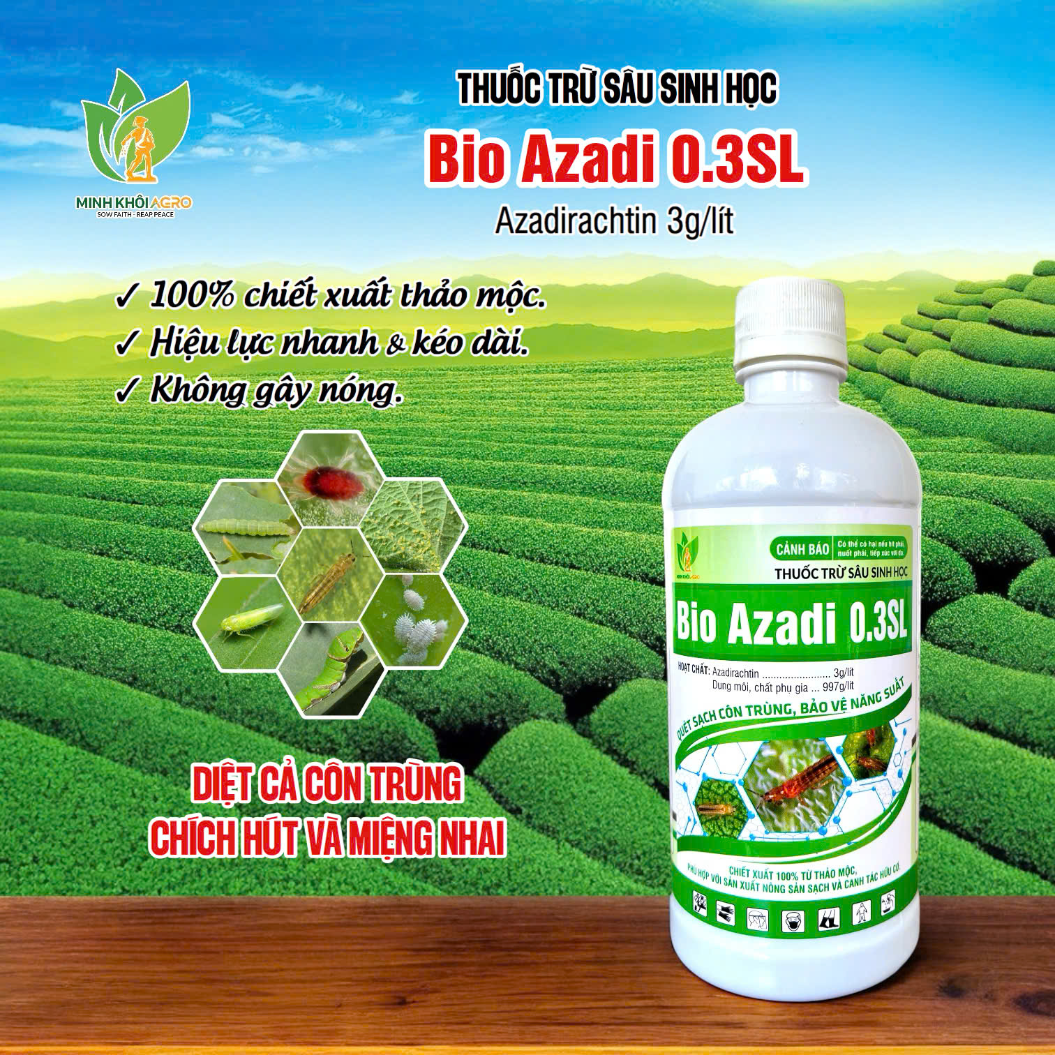 Thuốc trừ sâu gốc thảo mộc Bio Azadi 0.3SL - Chai 400ml - Minh Khôi Agro