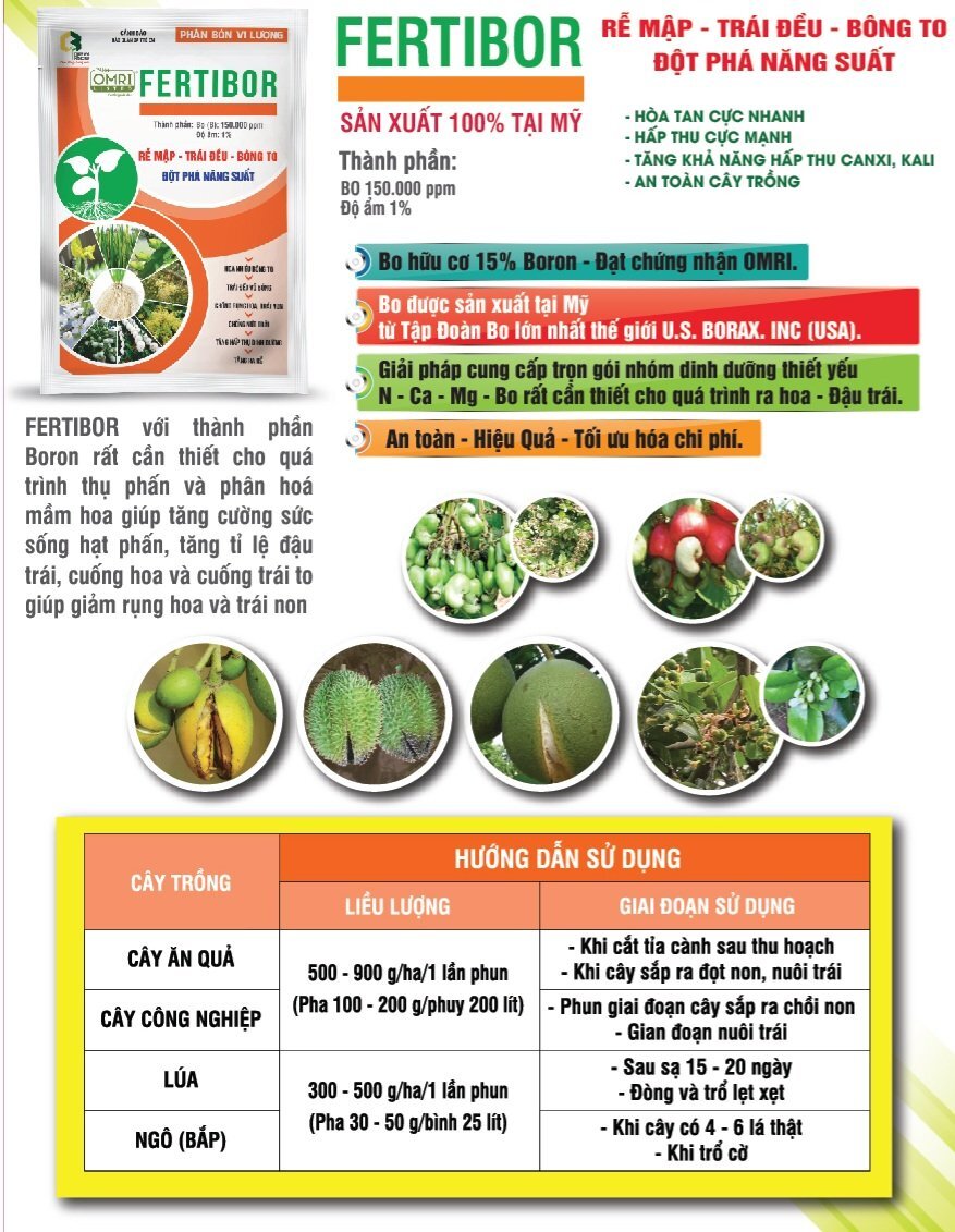 Phân bón vi lượng Fertibor (Bo Mỹ) - Gói 200g - Minh Khôi Agro